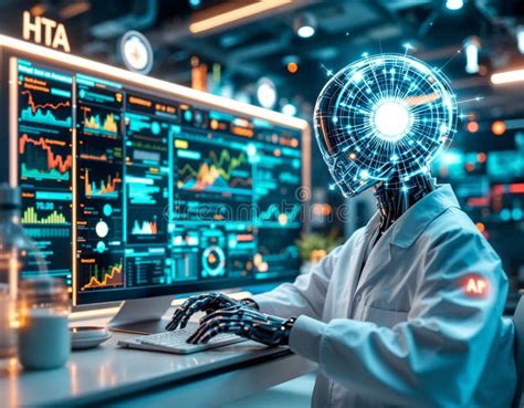 Futuristic Robot Working With Data Analytics And Visualization In A High Tech Laboratory Setting