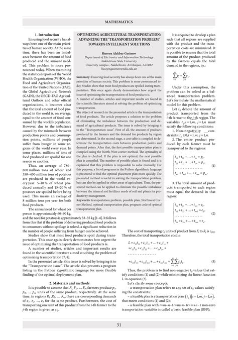 Pdf Optimizing Agricultural Transportation Advancing The Transportation Problem Towards