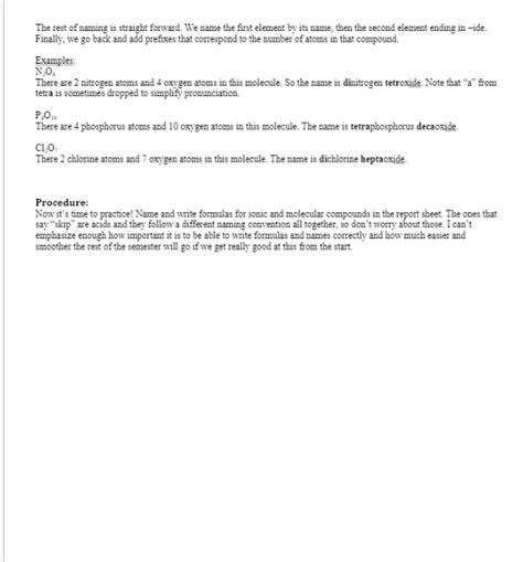 Solved Purpose To Practice Naming And Writing Formulas Of Chegg Com