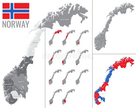 Mapa Detalhado Do Vetor Das Regiões Da Noruega Com Pavilhão De País