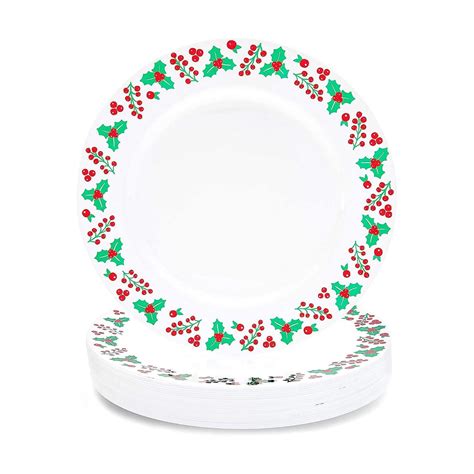 24 Pack Reusable Plastic Christmas Plates Mistletoe And Holly Berry Design For Holiday Party