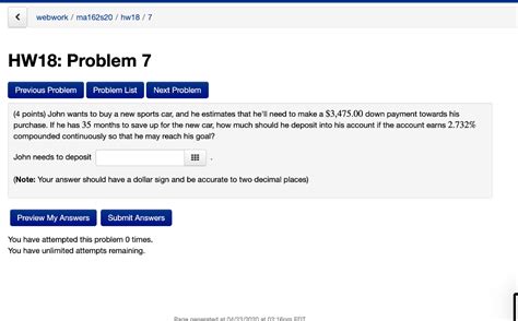 Solved Webworkma162520 Hw187 Hw18 Problem 7 Previous