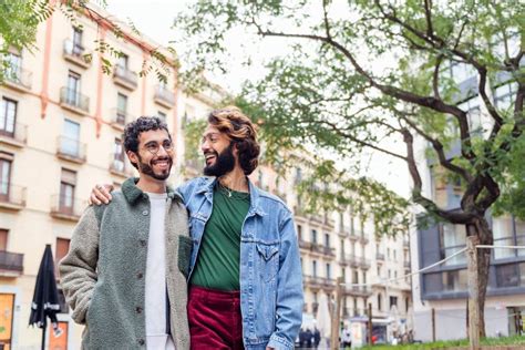 Happy Couple Of Gay Men Walk Embracing Stock Photo Image Of Flirting Caucasian 270440966
