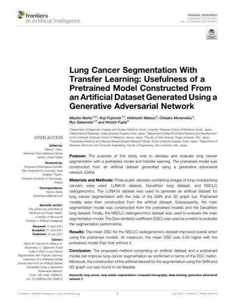 Pdf Lung Cancer Segmentation With Transfer Learning Usefulness Of A Pretrained Model