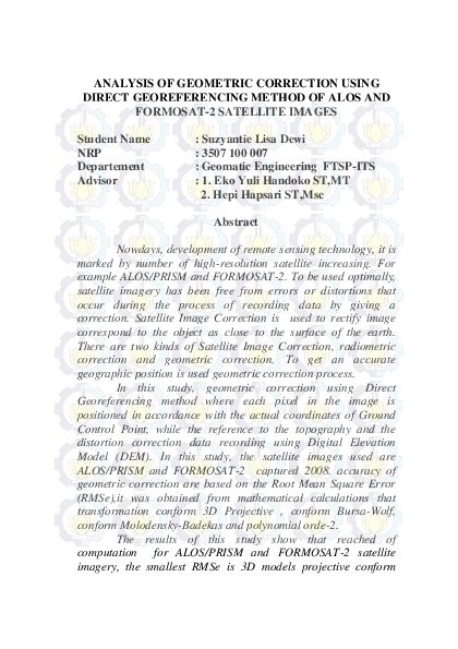 Pdf Analysis Of Geometric Correction Using Direct Georeferencing Method Of Alos And Formosat 2