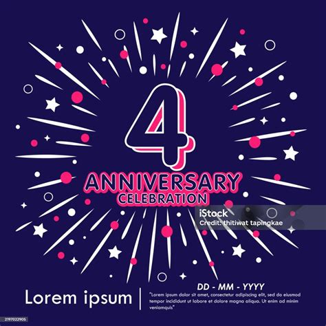 창립 4 주년 기념 엠블럼 기념일 로고는 불꽃 놀이와 별이 반짝이는 배경으로 고립되어 있습니다 웹 전단지 포스터 인사말 카드에 대 한 벡터 일러스트 레이 션 템플릿 디자인
