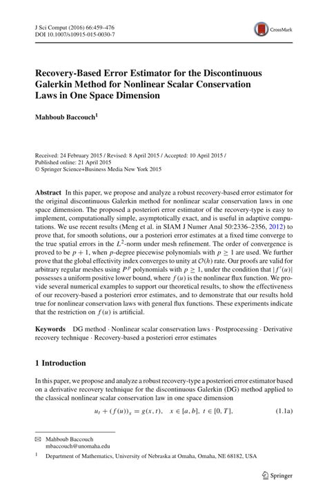 Pdf Recovery Based Error Estimator For The Discontinuous Galerkin