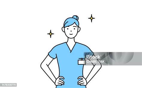 여성 간호사 물리 치료사 작업 치료사 언어 치료사 간호 조무사가 엉덩이에 손을 얹고 유니폼을 입고 있습니다 여자 간호사에 대한 스톡 벡터 아트 및 기타 이미지 Istock