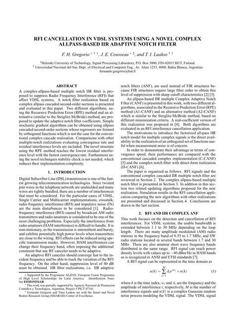 Pdf Rfi Cancellation In Vdsl Systems Using A Novel Complex Allpass Based Iir Adaptive Notch Filter