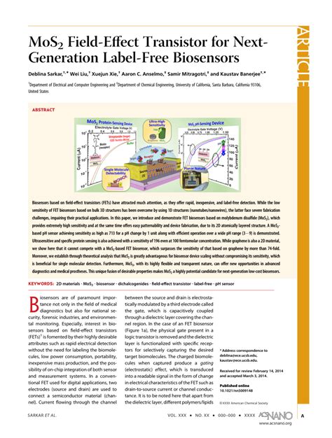 Pdf Mos2 Field Effect Transistor For Next Generation Label Free Biosensors