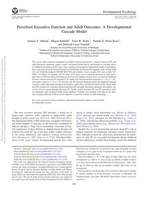 Pdf Preschool Executive Function And Adult Outcomes A Developmental