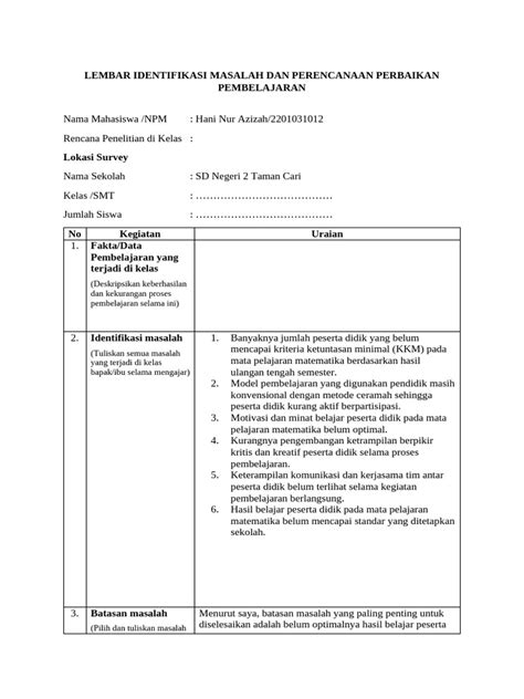 Lembar Identifikasi Masalah Dan Perencanaan Perbaikan Pembelajaran Pdf