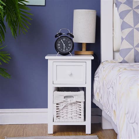 Emma Bedside Table Nightstand With Wicker Basket White Dreamo Living