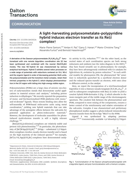 Pdf A Light Harvesting Polyoxometalate Polypyridine Hybrid Induces