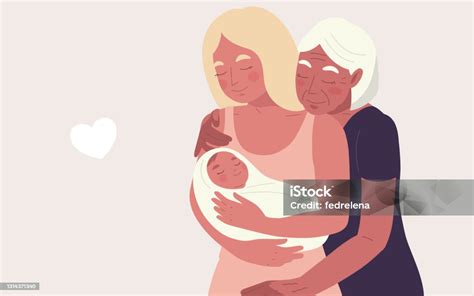 신생아를 안고 있는 두 여성 어머니 엄마 할머니 또는 할머니와 함께 하는 가족의 초상화 벡터 일러스트 개념 여성의 권리 남녀 평등 어머니의 날 베이비 샤워 3 세대 하트