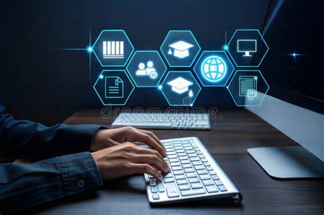 Hands Typing On Keyboard With Educational Technology Icons Overlay
