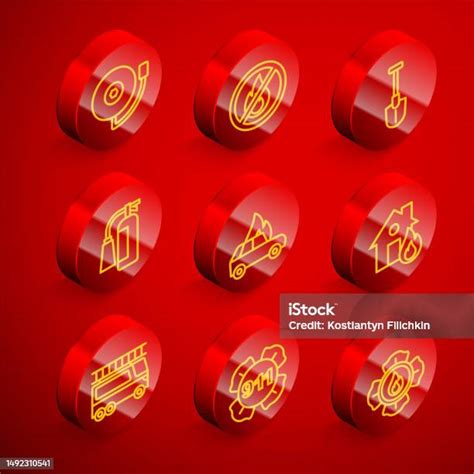 세트 라인 울리는 알람 벨 화재 없음 화재 삽 소화기 불타는 자동차 불타는 집 트럭 및 비상 전화 911 아이콘 벡터 3차원 형태에 대한 스톡 벡터 아트 및 기타 이미지