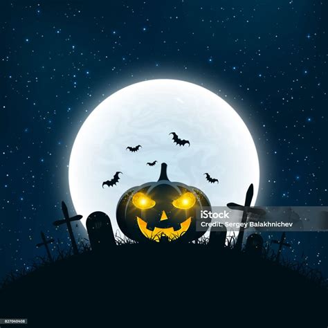 할로윈 파티에 대 한 템플릿입니다 공포의 밤 장면입니다 십자가 무덤과 빛나는 호박의 개념 골드 먼지입니다 풀 문입니다 수직 배경입니다 클럽 포스터입니다 벡터 일러스트 레이