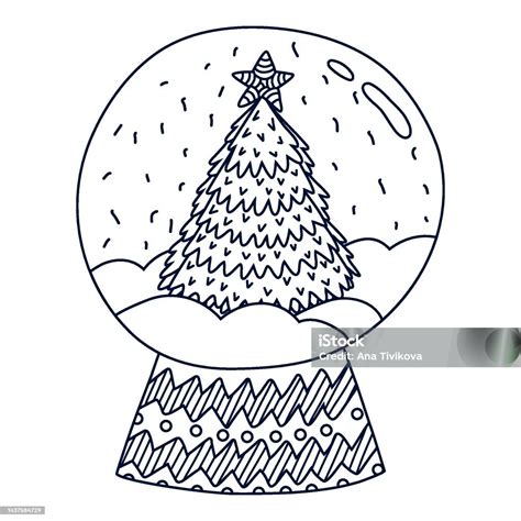 귀여운 손으로 그린 스노우 글로브와 그 위에 별이 있는 크리스마스 트리와 눈송이 배경에 격리된 벡터 낙서 유리 구체 공 크리스마스 겨울 휴일의 개념 새해 장식 나무에 대한