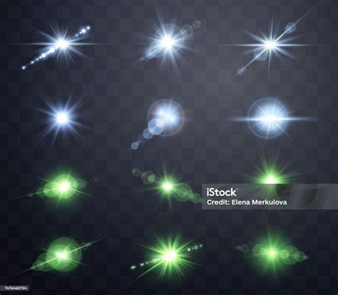 녹색과 파란색 렌즈 플레어 세트 투명한 배경에 격리되어 있습니다 광선 또는 스포트라이트 및 보케로 태양이 깜박입니다 글로우