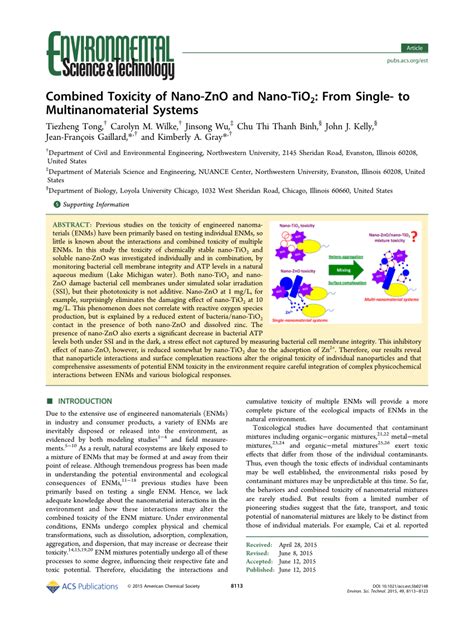 PDF Combined Toxicity Of Nano ZnO And Nano TiO 2 From Single To Multinanomaterial Systems