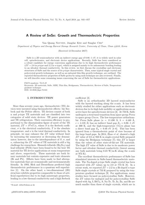Pdf A Review Of Snse Growth And Thermoelectric Properties