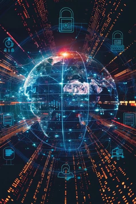 The Illustration Depicts Global Security In The Digital Space Represented By A Digital Globe