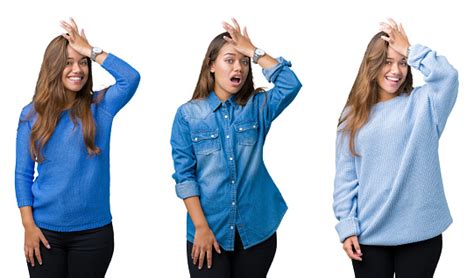 콜라주 격리 된 배경 위에 아름 다운 젊은 여자의 실수에 대 한 머리에 손을 놀 오류를 기억 합니다 깜 빡 나쁜 메모리 개념 갈색 머리에 대한 스톡 사진 및 기타 이미지