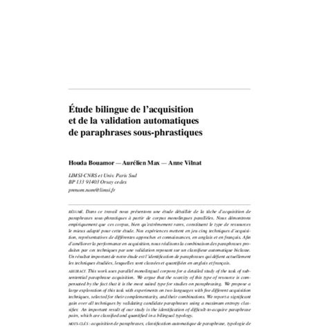 Étude Bilingue De Lacquisition Et De La Validation Automatiques De Paraphrases Sous Phrastiques