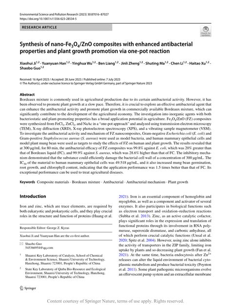 Synthesis Of Nano Fe3o4 Zno Composites With Enhanced Antibacterial Properties And Plant Growth