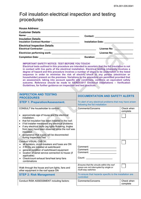 foil insulation electrical inspection and testing procedures