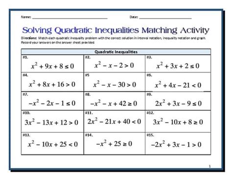 Solve Quadratic Inequalities Matching Activity Line Inequality And Interval