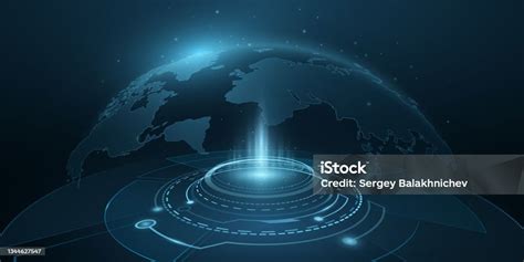 Hud 인터페이스와 디지털지도 행성 지구 세계 홀로그램 빛 효과와 사이버 공간에서 3d 미래 세계지도 기술 배경 디자인 벡터 일러스트레이션 0명에 대한 스톡 벡터 아트 및
