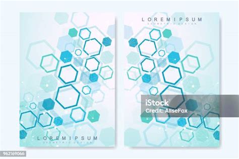 안내 책자 커버 플라이어 연례 보고서 비즈니스 벡터 템플릿 전단지 최소한의 구성 6 각형 구조입니다 미래 기하학적 템플릿입니다 과학 의학 기술 배경 0명에 대한 스톡 벡터