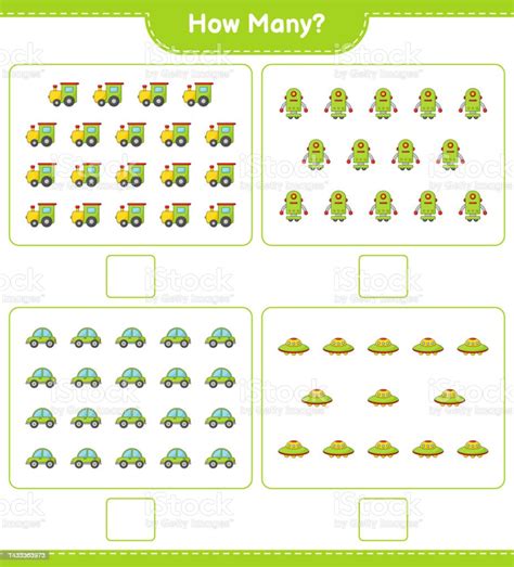 카운팅 게임 얼마나 많은 기차 로봇 캐릭터 자동차 그리고 Ufo 교육 어린이 게임 인쇄 가능한 워크 시트 벡터 일러스트 레이 션