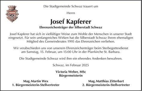 Traueranzeige Von Josef Kapferer Vom 14 02 2025 Tiroler Tageszeitung