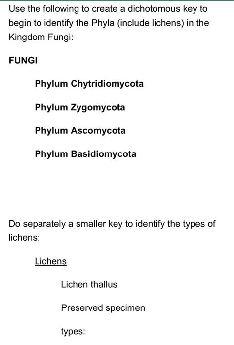 Solved Use The Following To Create A Dichotomous Key To