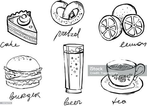 컬렉션의 패스트 푸드 요리와 음료 케이크 꽈 배기 레몬 햄버거 맥주 차 손 흰색 배경에 그려진된 벡터 일러스트 레이 션 개념에 대한 스톡 벡터 아트 및 기타 이미지 Istock