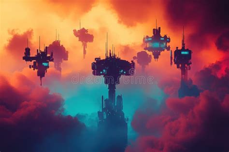 Futuristic Structures Rise Amid Vibrant Clouds During A Dramatic Sunset