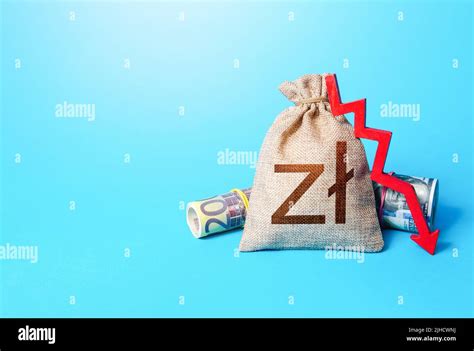 Polish Zloty Money Bag And Arrow Down Falling Economy Drop In Profits