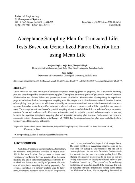 Pdf Acceptance Sampling Plan For Truncated Life Tests Based On Generalized Pareto Distribution