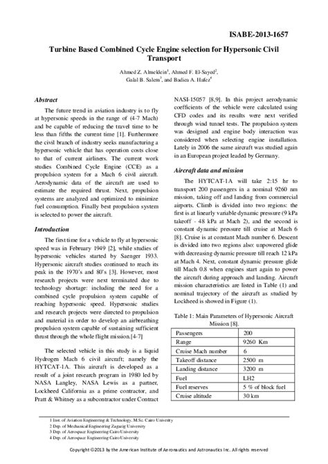 Pdf Turbine Based Combined Cycle Engine Selection For Hypersonic