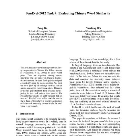 Semeval 2012 Task 4 Evaluating Chinese Word Similarity Acl Anthology