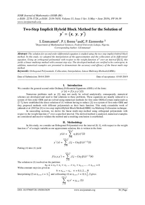 Pdf Two Step Implicit Hybrid Block Method For The Solution Of 𝒚 ′′ 𝒙 𝒚 𝒚 ′