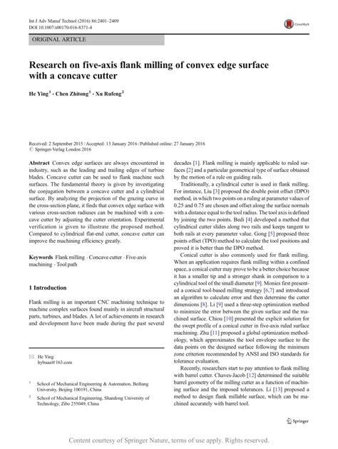 Research On Five Axis Flank Milling Of Convex Edge Surface With A Concave Cutter Request Pdf
