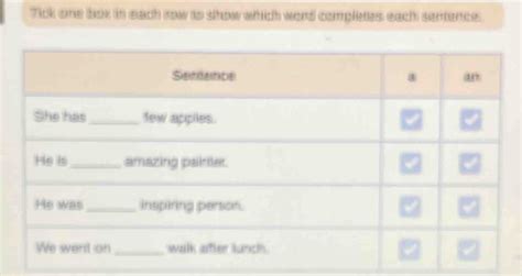 Solved Tick One Box In Each Row To Show Which Word Completes Each