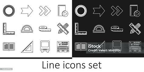 세트 라인 슈퍼마켓 건물 교차 자 및 연필 화살표 각도기 그리드 접기 월계관 줄자 및 아이콘 벡터 건축하기에 대한 스톡 벡터