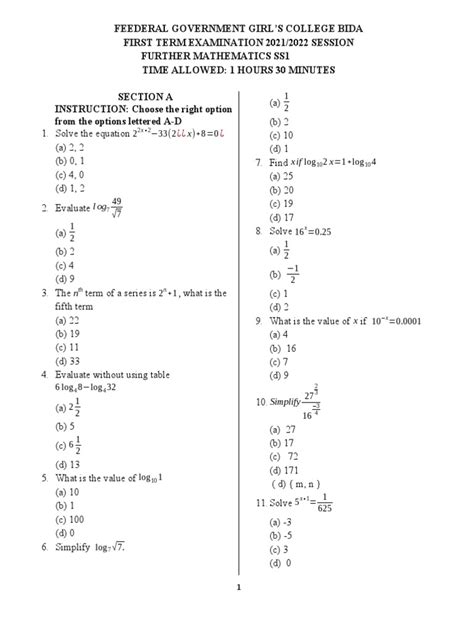 Further Maths Ss1 Pdf Mathematics Mathematical Objects