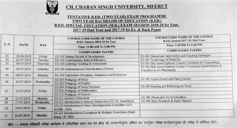 CCSU B Ed Time Table Year Exam Dates Admit Card