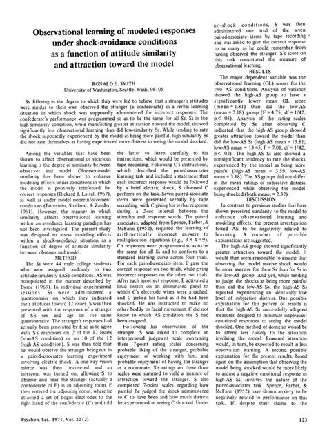 Pdf Observational Learning Of Modeled Responses Under Shock Avoidance